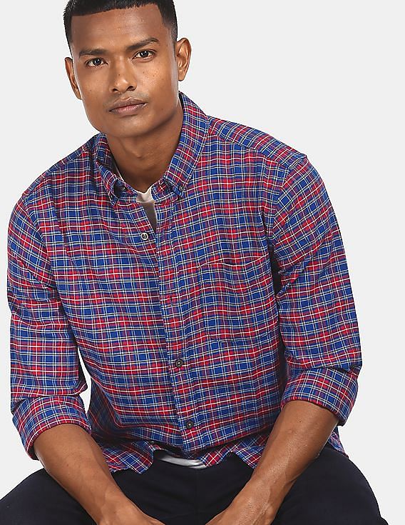 Buy GAP Men Blue Plaid Oxford Shirt In Stretch NNNOW